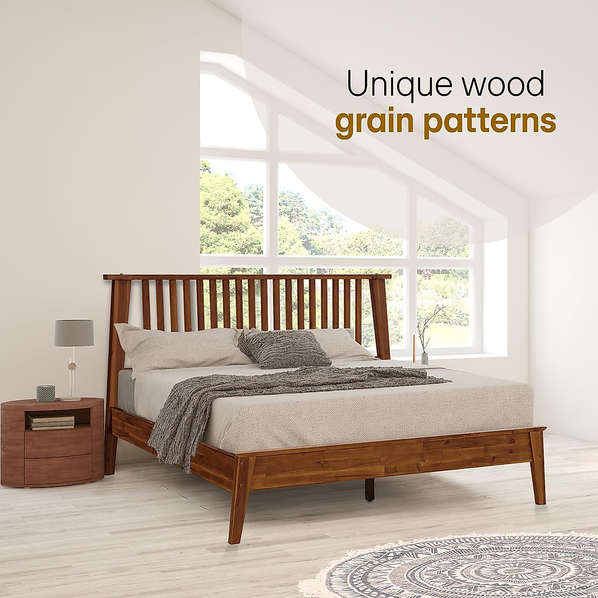 Acacia Kaylin Bed Frame with Headboard Solid Wood Platform Bed, King Bed Frame, Scandinavian Signature Wood Bed Compatible with All Mattress Types, Non-Slip and Noise-Free, Walnut