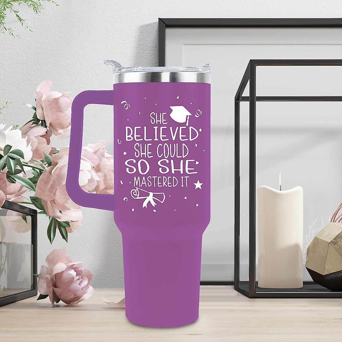sxmluedn She Believed She Could So She Mastered It Masters Graduation Gifts for Her Him Masters Degree Tumbler Coffee Mug 40oz with Handle and Straw