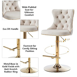 Aoowow Swivel Bar Stools Set of 2,Adjustable Barstools with Back Velvet Tufted Counter Stool Modern Upholstered Bar Chairs with Nailhead for Kitchen Island Restaurant Pub Counter (Beige-Gold)