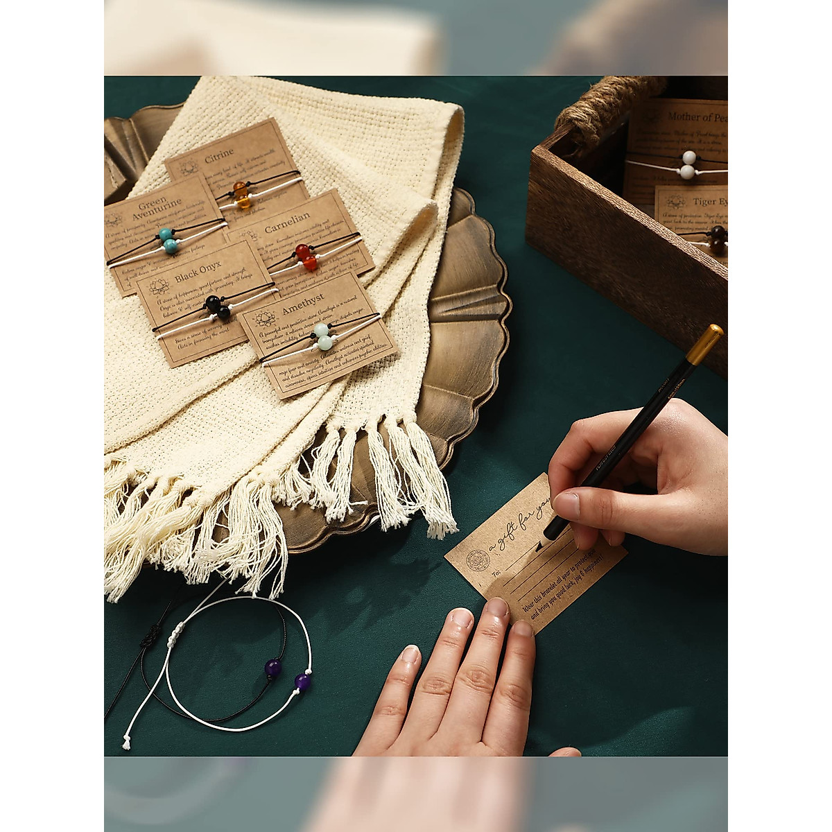 16 Pcs Carnelian Crystal Bracelet Adjustable Gemstone Bracelet with Wish Cards Braided Beaded Spiritual Bracelets Gemstone Anklet Crystal Anklet Yoga Reiki Gift Energy Jewelry for Couple Friendship