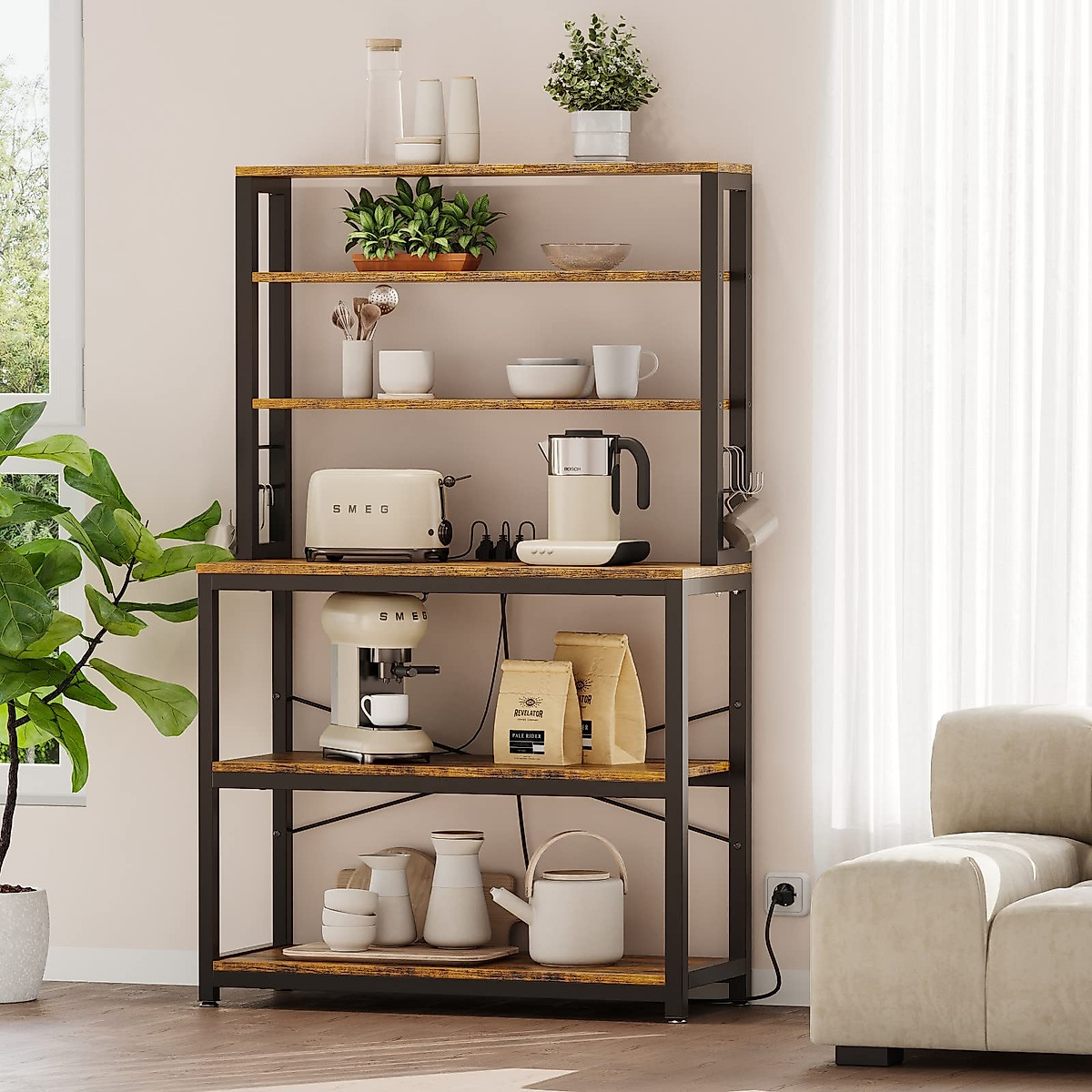 Rovaurx Standing Baker's Rack with Power Outlets, Microwave Oven Stand, Industrial Kitchen Cart Storage Shelf Organizer, Rustic Brown KTJZ001A