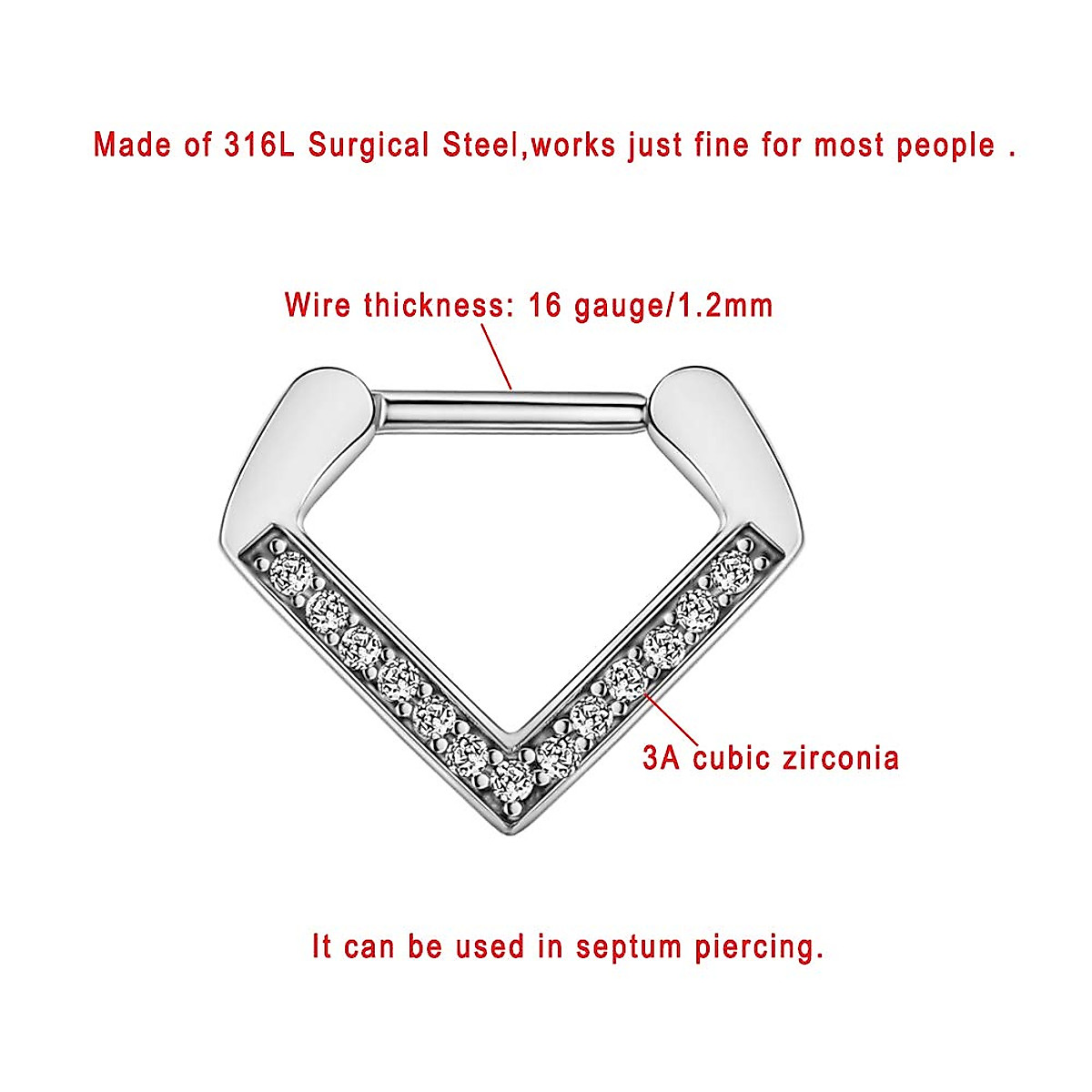 FANSING 16 Gauge Triangle Septum Ring Cubic Zirconia Triangular Septum Jewelry V Shape Septum Clicker 316L Surgical Steel Septum Piercing Rings