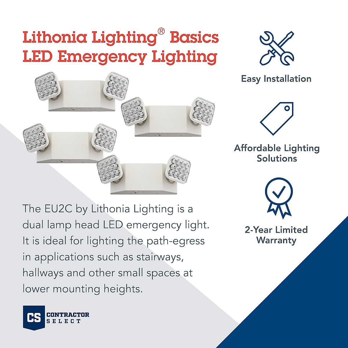 Lithonia Lighting EU2C CP4 LED Two-Headed Emergency Lighting Unit, California Certified, Contractor Pack of 4, White