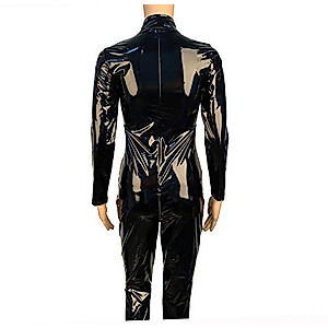 BERMEL Women's Bodysuit Shiny Patent Black PVC Leather CatSuit Full Body Sexy Latex Tight Zipper Jumpsuit Rubber Clothing (M)