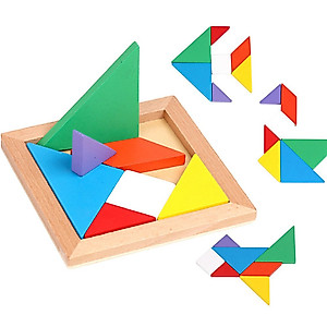 3 otters Wooden Tangrams Puzzles, 4 Pack Educational Tangrams Shapes Puzzle Toys for Kids Christmas Stocking Stuffers, STEM Montessori Wood Toy, Brain Logic Blocks