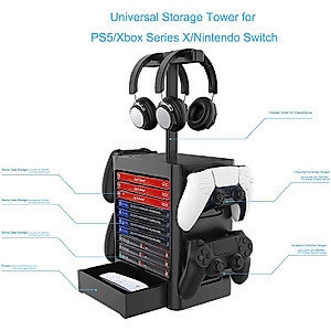 Wedorat Xbox Series X/PS5/Switch Multifunctional Game Disk Storage Tower Holder for PS5 Console, Game Disk Rack and Controller/Headset Stand Holder Compatible with Xbox Series X/Switch/PS5 Black
