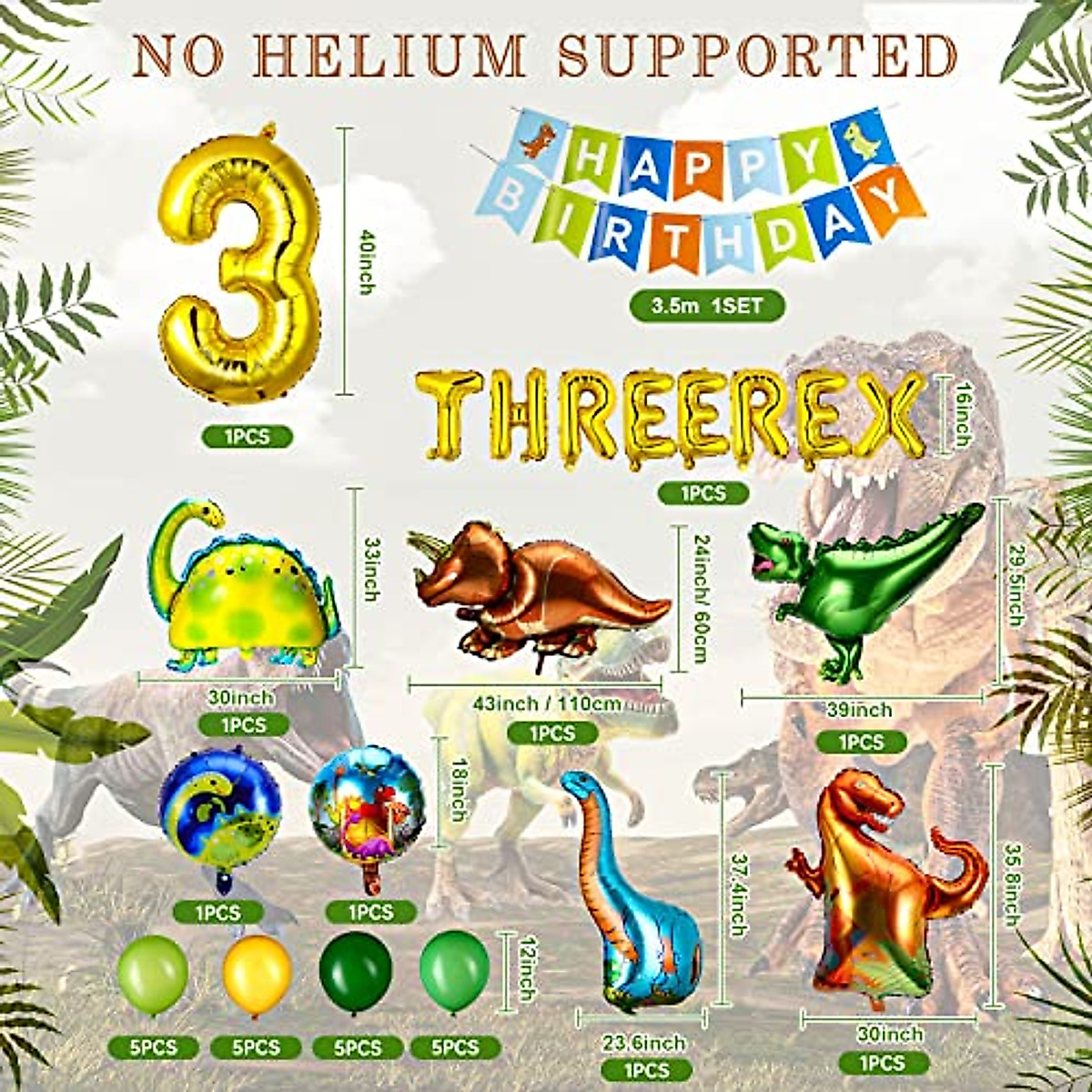 Dinosaur Birthday Party Decorations Supplies, 3 Years Old Boy Birthday Celebration Set Dinosaur Party Balloon Birthday Banner Dino Themed for Kid's Birthday Party, Gold Green