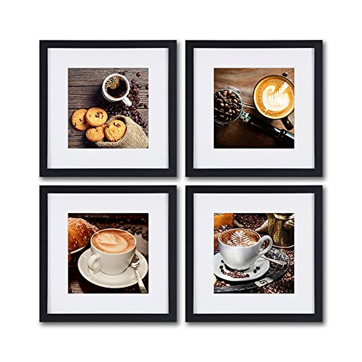 Coffee Wall Art Coffee Beans Picture Framed Canvas Print in White Matte and Black Framed Artwork 12x12 Inch Set of 4 for Kitchen and Home or Living Room Decor
