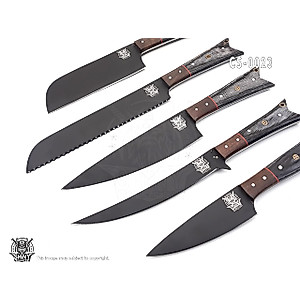 SHINY CRAFTS | Chef knife black Coated Kitchen Knife Set with wood handle and D 2 Steel Blade, Chef’s Knives set with Leather Pouch Roll (CS-23)