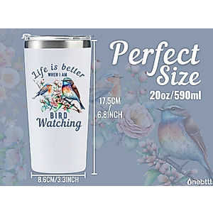 Onebttl Bird Watching Gifts, Bird Watching Tumbler for Bird Lovers & Bird Watchers, 20oz Stainless Steel Insulated Tumbler with Lid & Straw, Gift Card & Box Included, Best Gift for Birthday - White