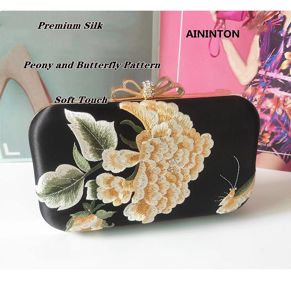 AININTON Women Embroidered Bag Silk Shoulder Bag Black Handbag Rectangle Crossbody Bag with Pearl Chain for Wedding Party Banquet
