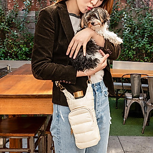 WanderFull Original Crossbody HydroBag | Quilted Water Bottle Carrier | Puffer Tote Tumbler Holder with Pockets for Purse, Phone & Accessories | Carry Travel Essentials (Ivory Gloss)