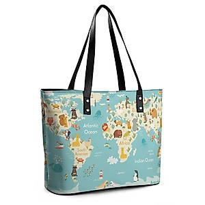 Womens Handbag World Map Leather Tote Bag Top Handle Satchel Bags For Lady