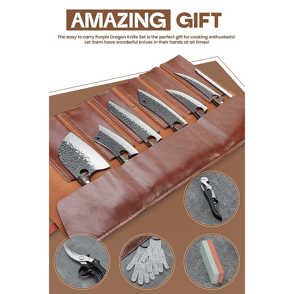 Purple Dragon 12pcs Chef Knife Set, High Carbon Steel Hand Forged Meat Boning Carving Cleaver Knife with Accessories for Kitchen, BBQ Camping Knives Set with Leather Bag