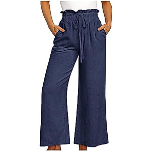 DOLKFU My Orders Placed Recently by me Flare Pants for Women Wide Leg Pants for Women High Waisted Drawstring Palazzo Linen Pants Casual Loose Trousers with Pockets Navy XL