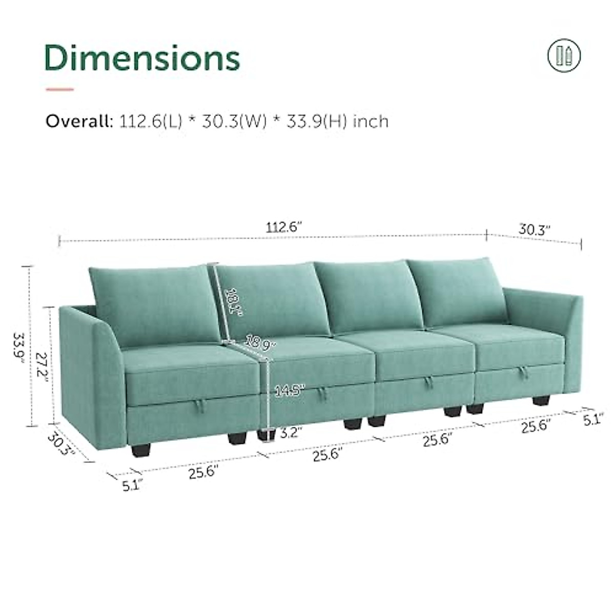 HONBAY 102'' Modular Sofa Couch Upholstered Fabric Sofa with Storage Seats 4 Piece Sofa for Living Room, Aqua Blue