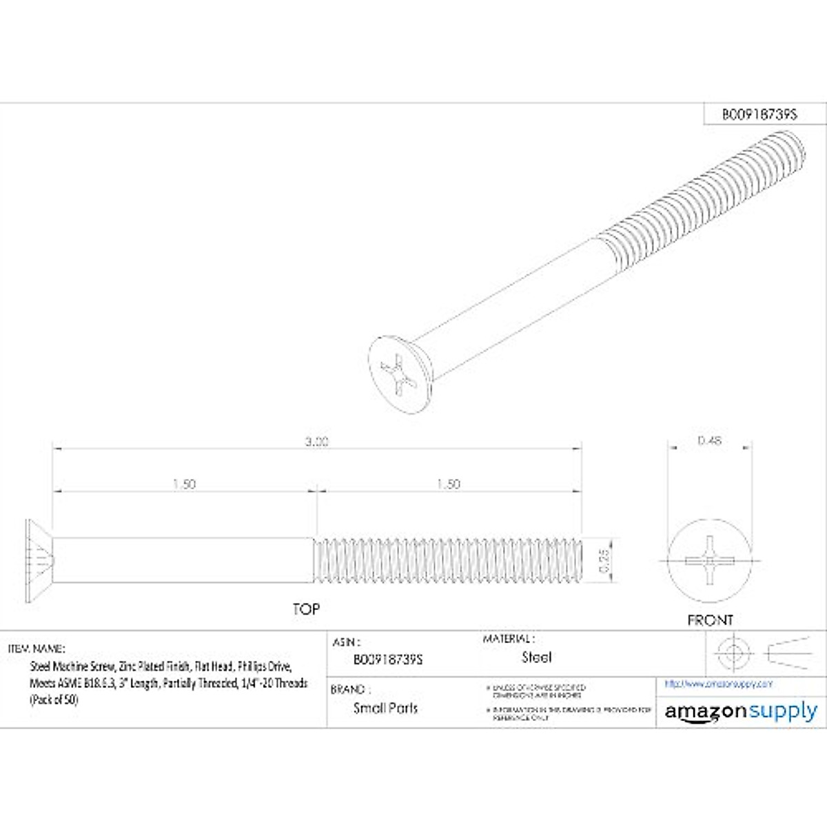 Small Parts 586679-PN Zinc CR+3 Pan Head Phillips Machine Screw, 1/4"-20 Threads, 3" Length, Pack of 25