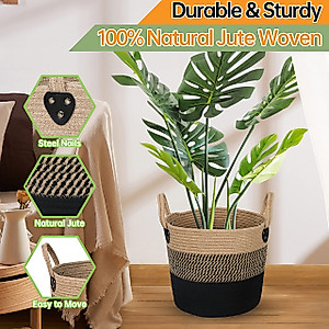 ZOES HOMEWARE 14"x12" Natural Jute Rope Woven Storage Basket with Handles for Plant, Blankets,Toys - Living Room Home Decor,Multifunctional Basket for Organizer,Picnic,Artificial Tree Black and Beige