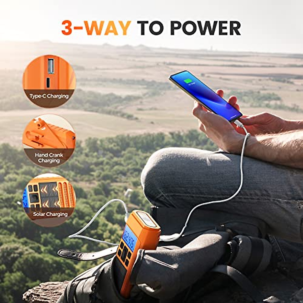 Emergency Weather Radio, 2000mAh Rechargeable Battery, LED Flashlight, Hand Crank Radio with Solar Panel, AM/FM/NOAA Alert, Power Bank/SOS Alarm/LCD Screen/Elastic Strap, Survival Kits/Camping Gear