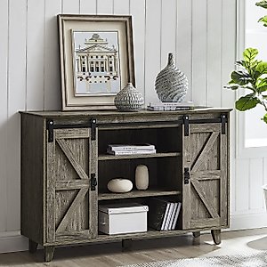 GOOD & GRACIOUS Sideboard for Livingroom, 50 inch Farmhouse TV Stand with Sliding Barn Doors, Sideboard Buffet 3-Tier Storage Cabinet for Kitchen