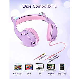 PINGKO Kids Headphones: Toddler Headphones with Microphone - Cat Ear Headphones for Girls Boys, LED Light 3.5mm Jack, 85db Volume, Music Sharing Stereo Earphones for iPad | School | Travel (Purple)