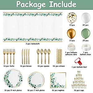 Eucalyptus Party Supplies Sage Greenery Plates and Napkins Green Leaf Tablecloth Balloons Gold Leaf Jungle Theme Boho Party Supplies for 16 Guests Tableware Bridal Wedding Decorations