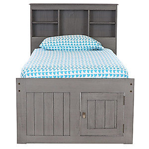 OS Home and Office Furniture Solid Pine Twin Captains Bookcase Bed with 6 Drawers in Charcoal Gray