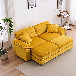 Corduroy Sectional Couch, 84“ Width Oversize Loveseat Sofa, Comfy Plush Cloud Couch Lounge Chair with Ottomans and 2 Pillows for Small Spaces, Living Room, Bedroom, Office Easy to Install (Yellow)