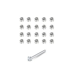 20 Pack 925 Sterling Silver Nose Studs Rings 1mm Clear stone 22G
