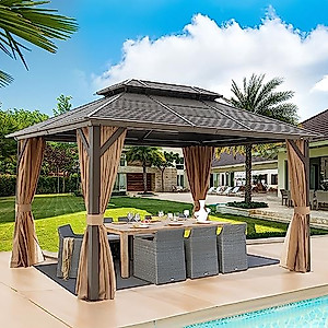 NOBLEMOOD 10’ x 13’ Hardtop Gazebo with Curtains and Netting, Double Roof Outdoor Gazebo with Polycarbonate Canopy, Aluminum Frame Permanent Gazebo for Patio Garden(Brown)
