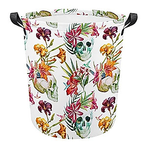 Skull with Flowers Oxford Cloth Laundry Basket with Handles Storage Basket for Toy Organizer Kids Room Nursery Hamper Bathroom