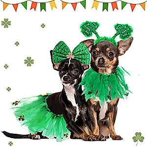 4 Pcs St Patrick's Day Dog Costume Pet Costume, Tutu for Dogs Sequins Bowtie Shamrock Headband Dog Dress Tutu Collar Green Puppy Skirt for St. Patrick's Day Irish Party Dog Pets Accessories Photo Prop
