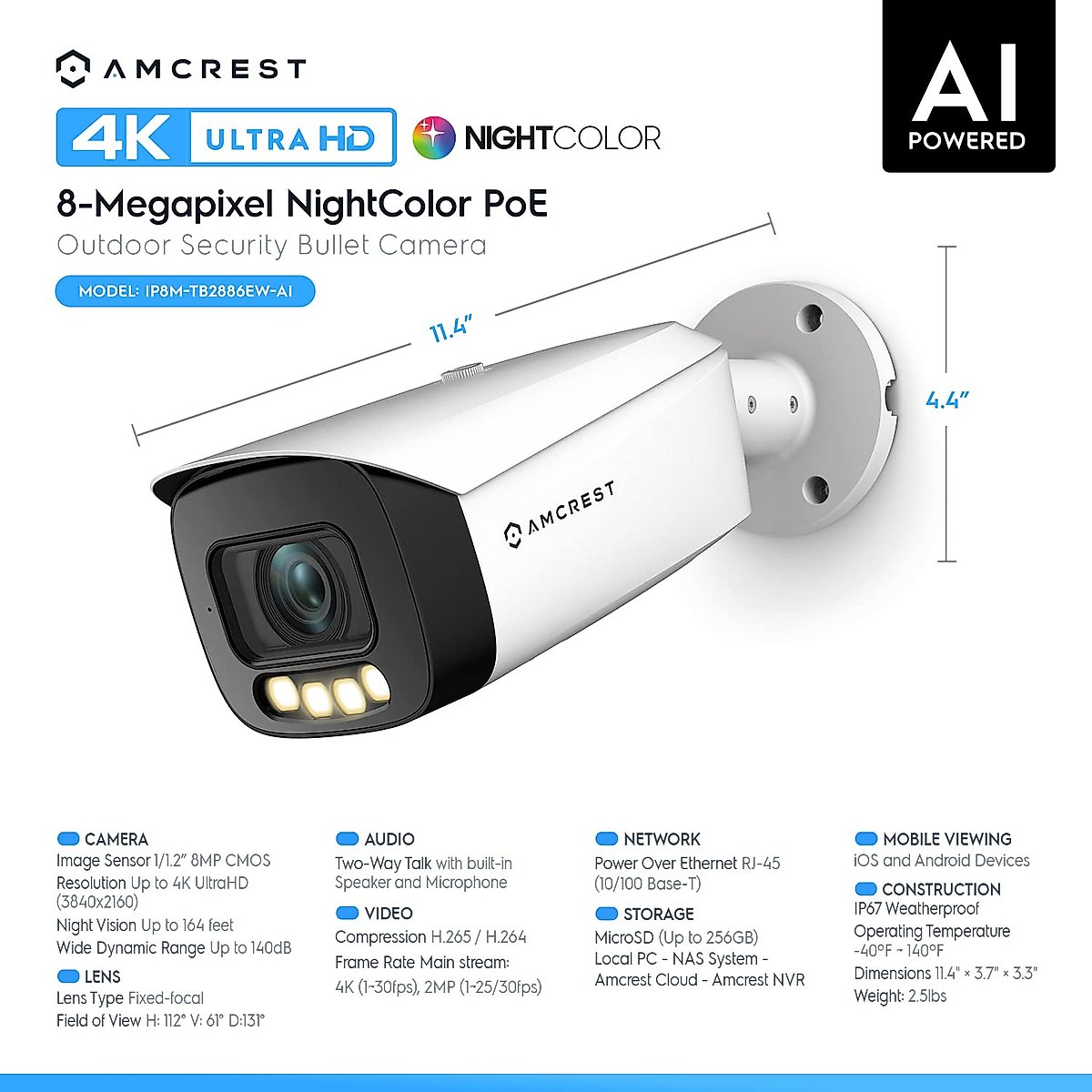 Amcrest 4K AI Bullet IP PoE Camera, 4K@30fps, 164ft Night Color Vision, Security IP Camera Outdoor, Face Detection, Human & Vehicle Detection, Built-in Siren Alarm, Built in Mic IP8M-TB2886EW-AI