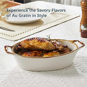 ONEMORE Au Gratin Baking Dish, 20 oz Individual Casserole Dishes Oven Safe 6x8 Oval Ceramic Small Baking Dish with Handles for Pies & Meals, Set of 4 Brown Rim Gratin Dish for Cooking & Small Serving