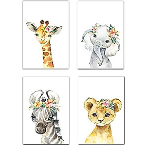 MARIA Safari Nursery Decor, Set of 4 UNFRAMED Flower Crown Watercolor Nursery Wall Art, Jungle Theme Baby Room Decor, Baby Girls & Boys Nursery Decor, Woodland Nursery Decor (8 x10 inches)