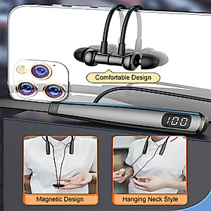 CHUYI Wireless Bluetooth 5.3 Neckband Headphone, Hanging Neck Magnetic Attraction Headset with LED Power Display, Foldable Silicone Collar Sports Earphone with Type C Port, 100Hrs Playtime (Black)