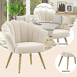 Alunaune Mid Century Velvet Living Room Chair Accent Chairs, Upholstered Vanity Chair for Makeup Room, Modern Barrel Arm Chair Guest Leisure Chair Comfy for Bedroom-Ivory