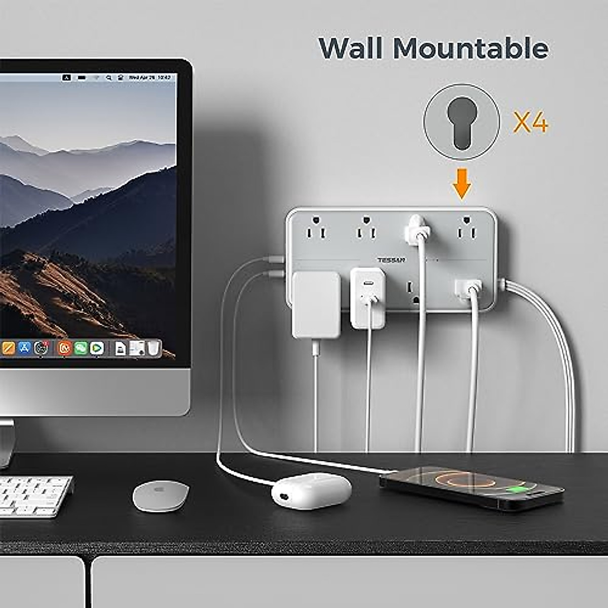 Power Strip Surge Protector, TESSAN Flat Plug Extension Cord with 8 Outlets 3 USB Charger(1 USB C), 1080 Joules Protection, Wall Mountable Charging Station for Home Office School Dorm Room Essentials