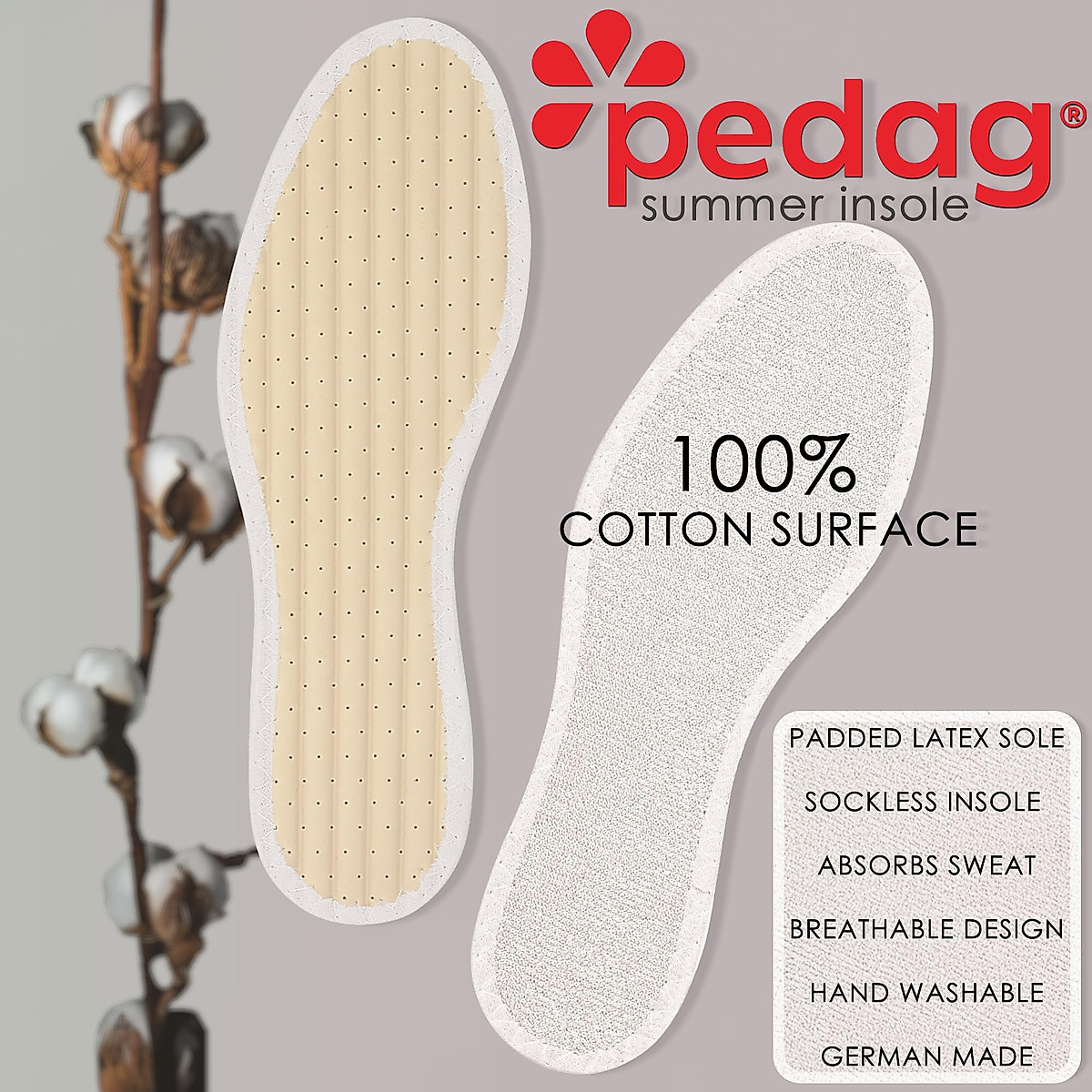 Pedag Summer | Terry Cotton Sockless Insoles | Barefoot Inserts | Handmade in Germany | Absorbs Sweat & Controls Odor | Wear Without Socks | Washable | US 11M/EU 44 | White | 3 Pair