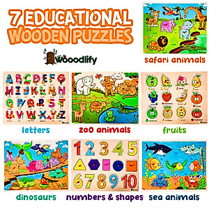 7 Pack Wooden Puzzles for Toddlers 2 3 4 5 Years Old - 7 Colorful Chunky Wood Peg Puzzles for Kids Ages 2-5, Alphabet Shape Numbers Fruits Sea Animals Dinosaur Zoo - Educational Toddler Learning Toys