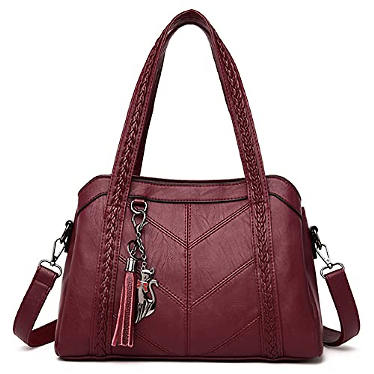 FiveloveTwo Women Purse and Handbags Fashion Tote PU Stiching Top Handle Satchel Shoulder Bag with Ornaments Burgundy