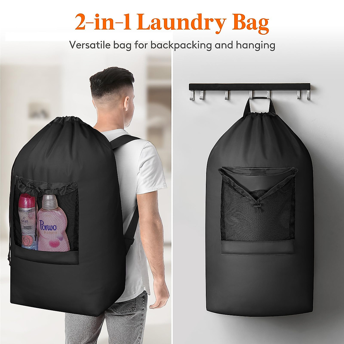 Lifewit 90L Laundry Bag, Extra Large Laundry Backpack with Shoulder Straps and Mesh Pocket for Laundromat, Heavy Duty Laundry Bag Backpack for Dirty Clothes for College Dorm/Travel/Apartment, Black