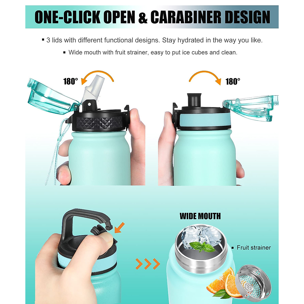 Oldley Insulated Water Bottle 20oz for Adults Kids Stainless Steel Water Bottles with Straw/Chug/Carabiner 3 Lids Fruit Strainer Double Wall Vacuum Wide Mouth BPA Free Leak-Proof for School Travel