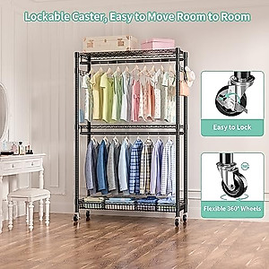 SEMHOR S3 Portable Closets 3 Tier Rolling Clothes Rack Heavy Duty Clothing Rack with Storage Basket 2 Hanging Rod and 2 Side Hooks, Freestanding Adjustable Wardrobe Garment Rack for Bedroom Laundry