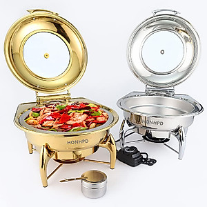 HONHPD 6.8 QT Round Golden Chafing Dish, chaffing server set buffet, Stainless Steel Buffet Chafer with Glass Lid, Chafers and Buffet Warmers Set for Catering, Buffet Food Warmer for Parties