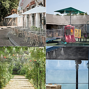 Mornajina Outdoor Misting Cooling System with Pump Kit, 65.6FT(20M) Misting Line with Filter, 26 Brass Mist Nozzles, 1 Brass Adapter (3/4"), 12V DC 60W 5L/Min, Self Priming Sprayer Water Pump