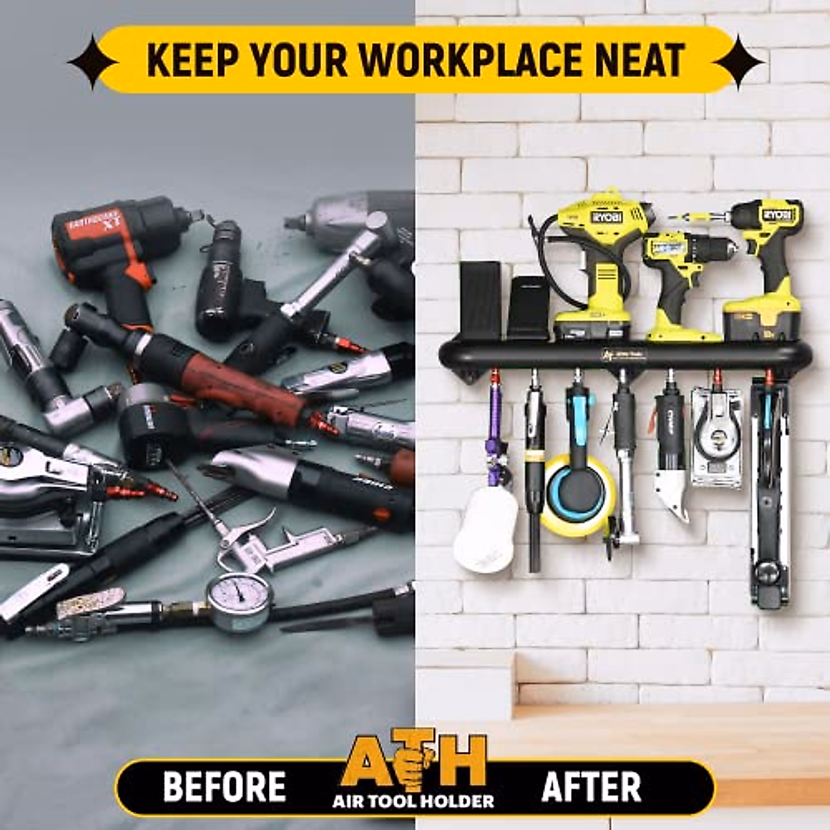 AT Universal Air Tools Holder with 7 Slots - Alitis Heavy Duty Garage Power Tool Organizer Wall Mount Plastic Cordless Power Tool Organizer and Storag