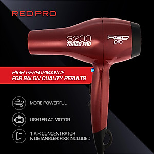 RED PRO 3200 Turbo Pro Detangler AC Hair Dryer, 3 Heat/2 Speed Settings, Cool Shot Button, Powerful Airflow, 3 Additional Styling Attachments with Detangling Pik