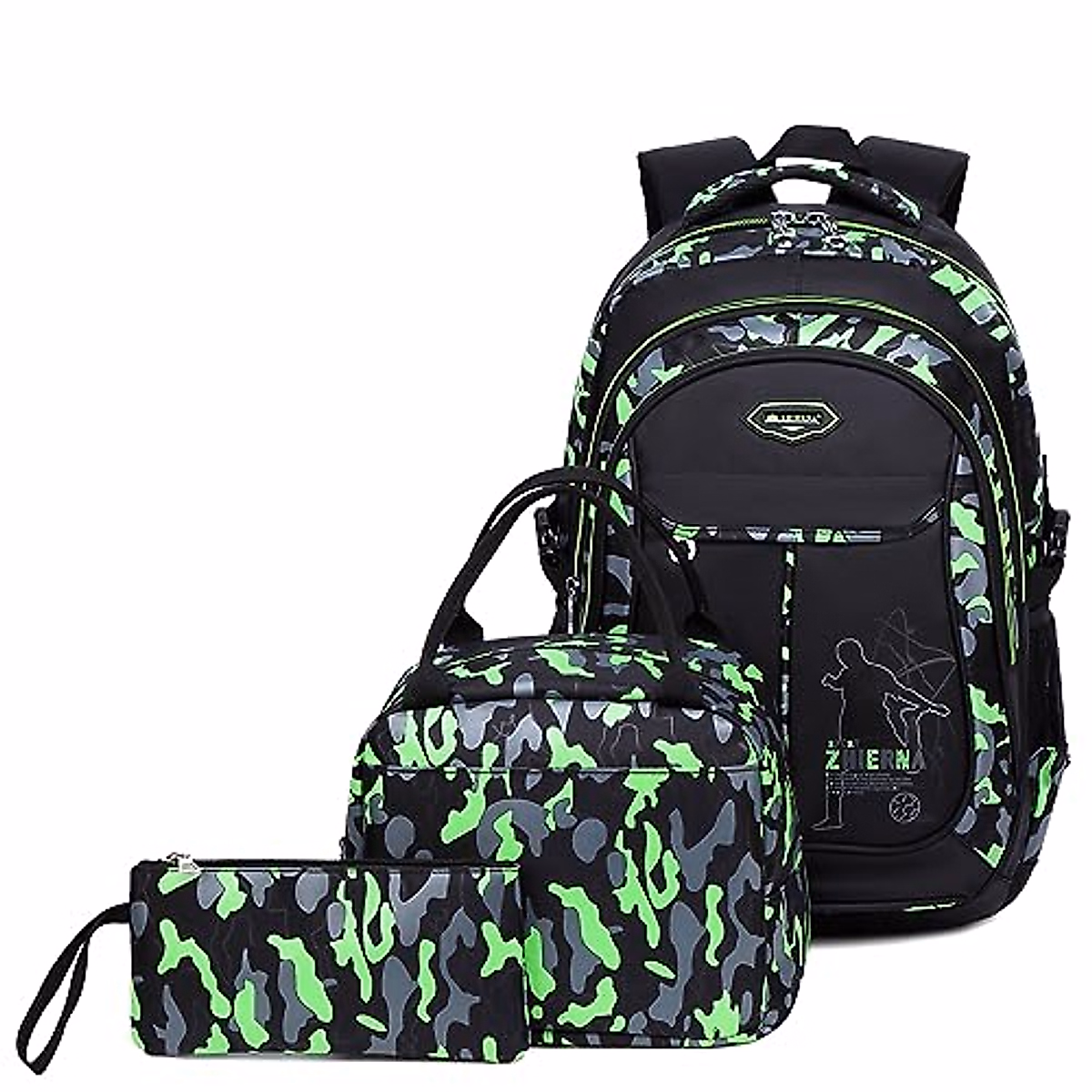 goldwheat School Backpack for Boys Cool Camouflage Bookbags with Lunch Box Pencil Case 3pcs for Middle School, Green