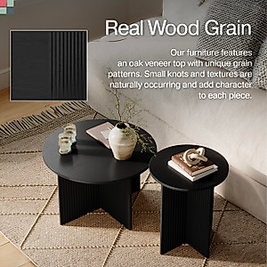 Round Fluted Nesting Coffee Table - 2 Piece Coffee Table Set - Living Room Furniture - Modern Home Decor - Solid Wood Base and Wood Grain Veneer Top (Blackened Oak)